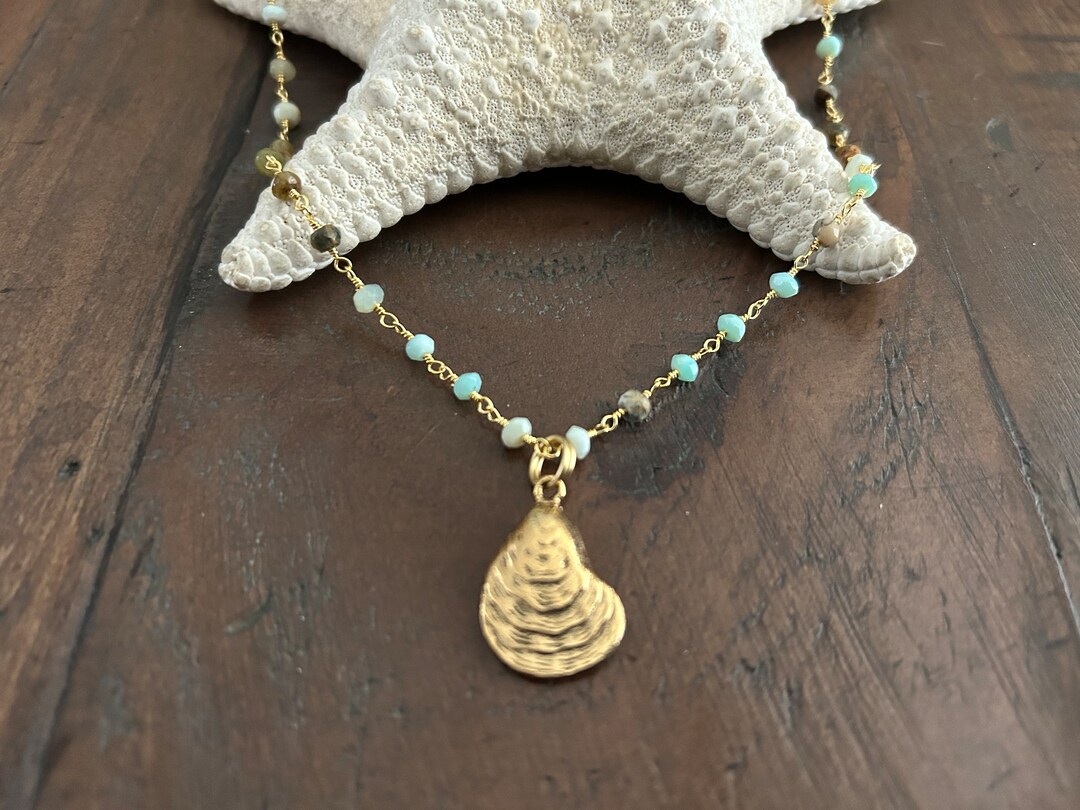 GOLD OYSTER NECKLACE / Peruvian Opal Beads With Gold Rosary Chain ...