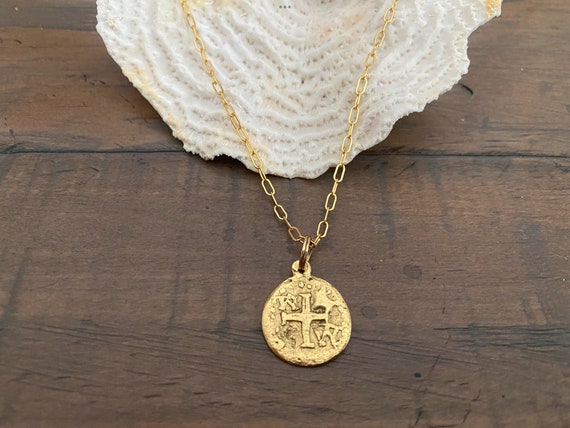GOLD CROSS NECKLACE Free Shipping Gold Coin Cross Pendant Gold Filled Paper Clip Necklace Pirate Coin Pieces of Eight Doubloon Etsy