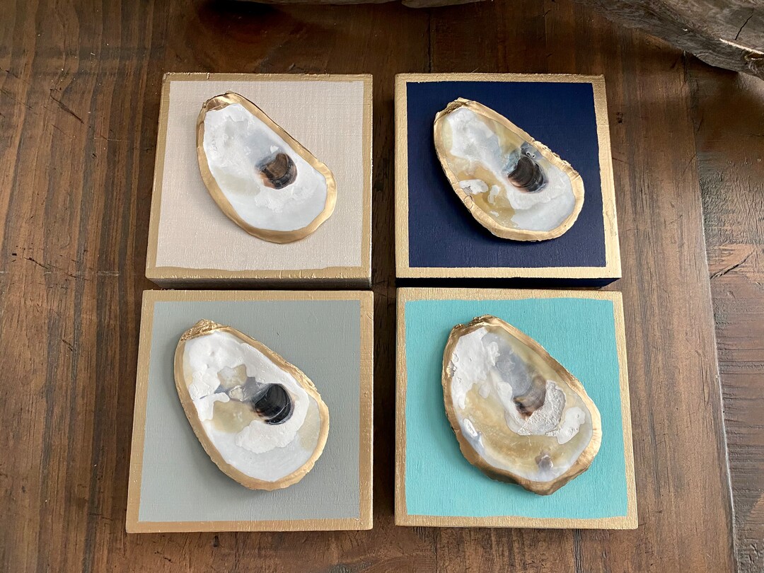 OYSTER DECOR / Gold Rim Oyster Shell on Wood Square / Coastal Vibes ...