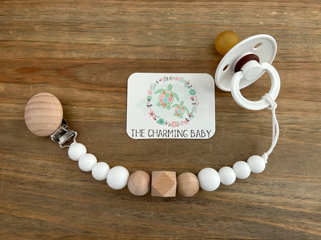 NEUTRAL PACIFIER CLIP / Free Shipping / White Silicone Wood - Etsy