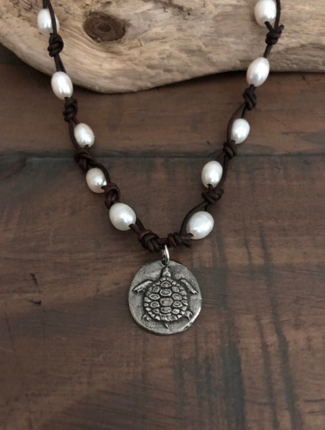 TURTLE Necklace, LEATHER & FRESHWATER Pearls, Pewter Sea Turtle Pendant ...