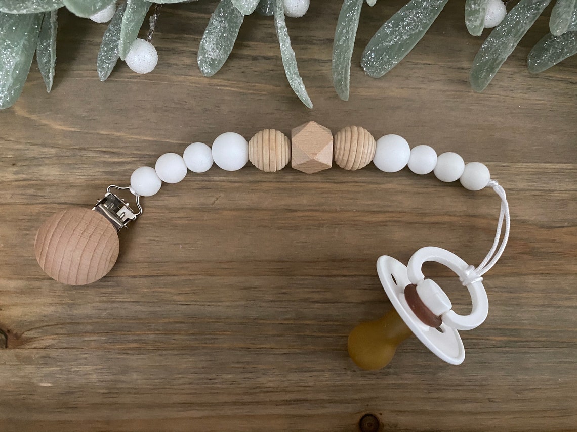 NEUTRAL PACIFIER CLIP / White Silicone Wood Pacifier Clip / | Etsy