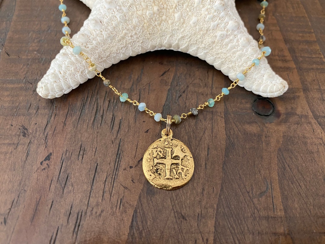 GOLD COIN CROSS Necklace / Peruvian Opal Necklace W/gold Rosary Chain ...