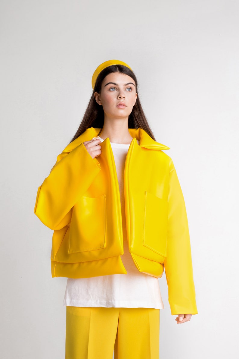 Yellow Faux Leather Jacket- Puffer Jacket- Unisex Jacket- Padded Jacket ...
