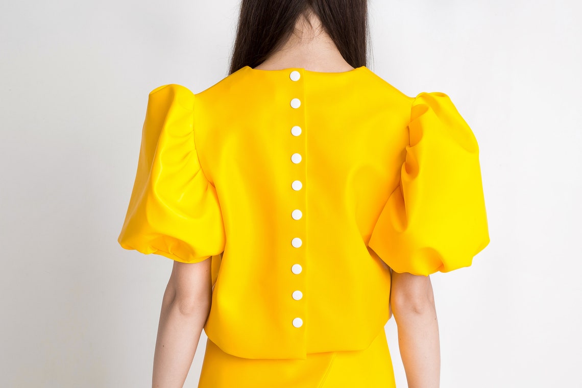 Puffed Sleeves Blouse Yellow Top Faux Leather Blouse One Etsy
