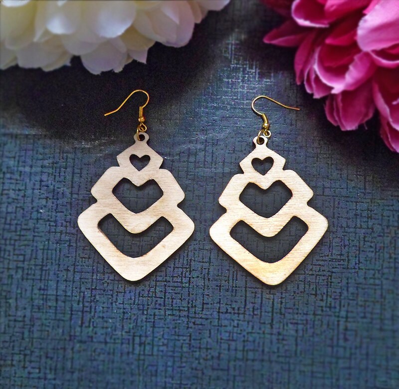 Laser Cut Earrings Diamond Heart Cut Out Birch Wood Design - Etsy