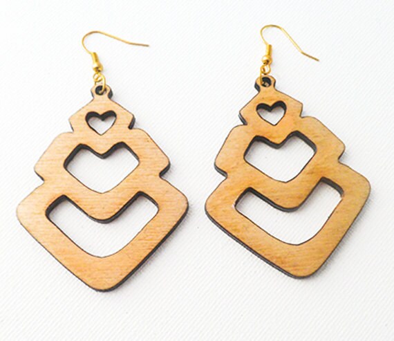 Laser Cut Earrings Diamond Heart Cut Out Birch Wood Design - Etsy