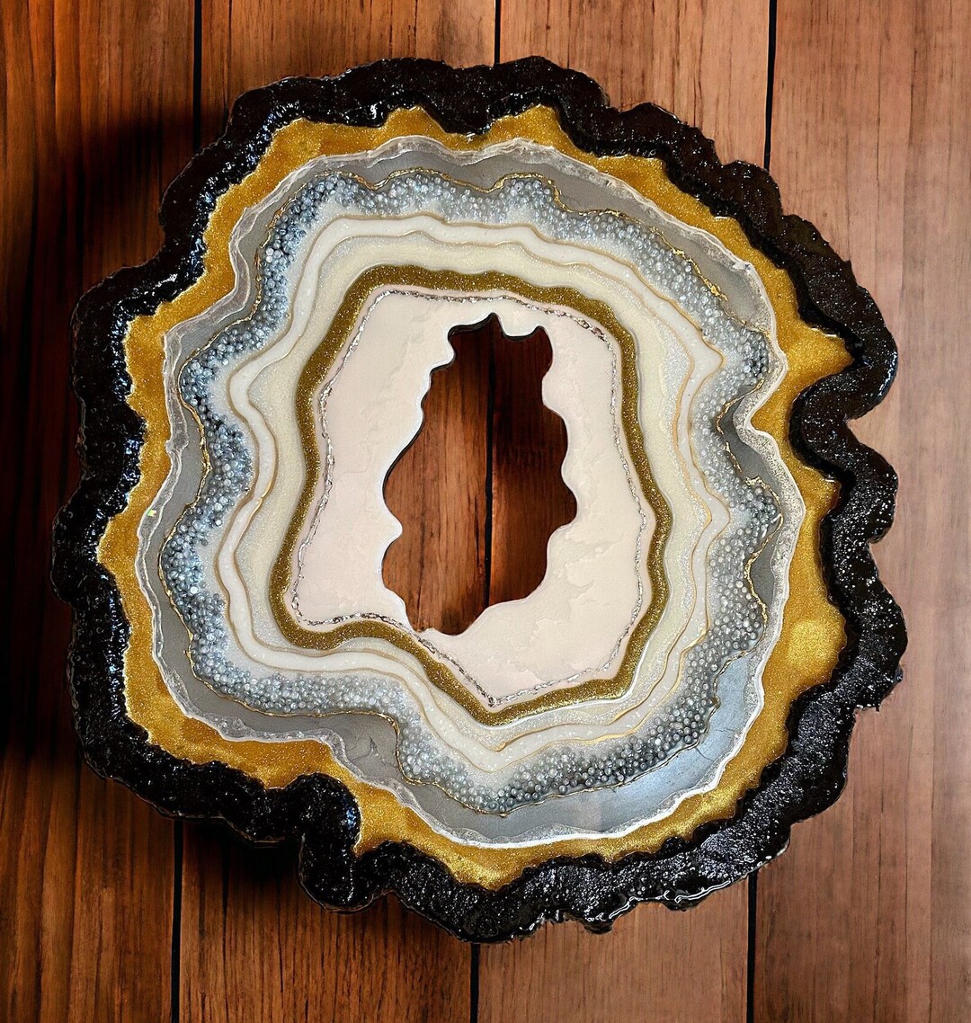 Round Black Edge Oval Resin Chic Geode Painting Wall Art Decor Black ...