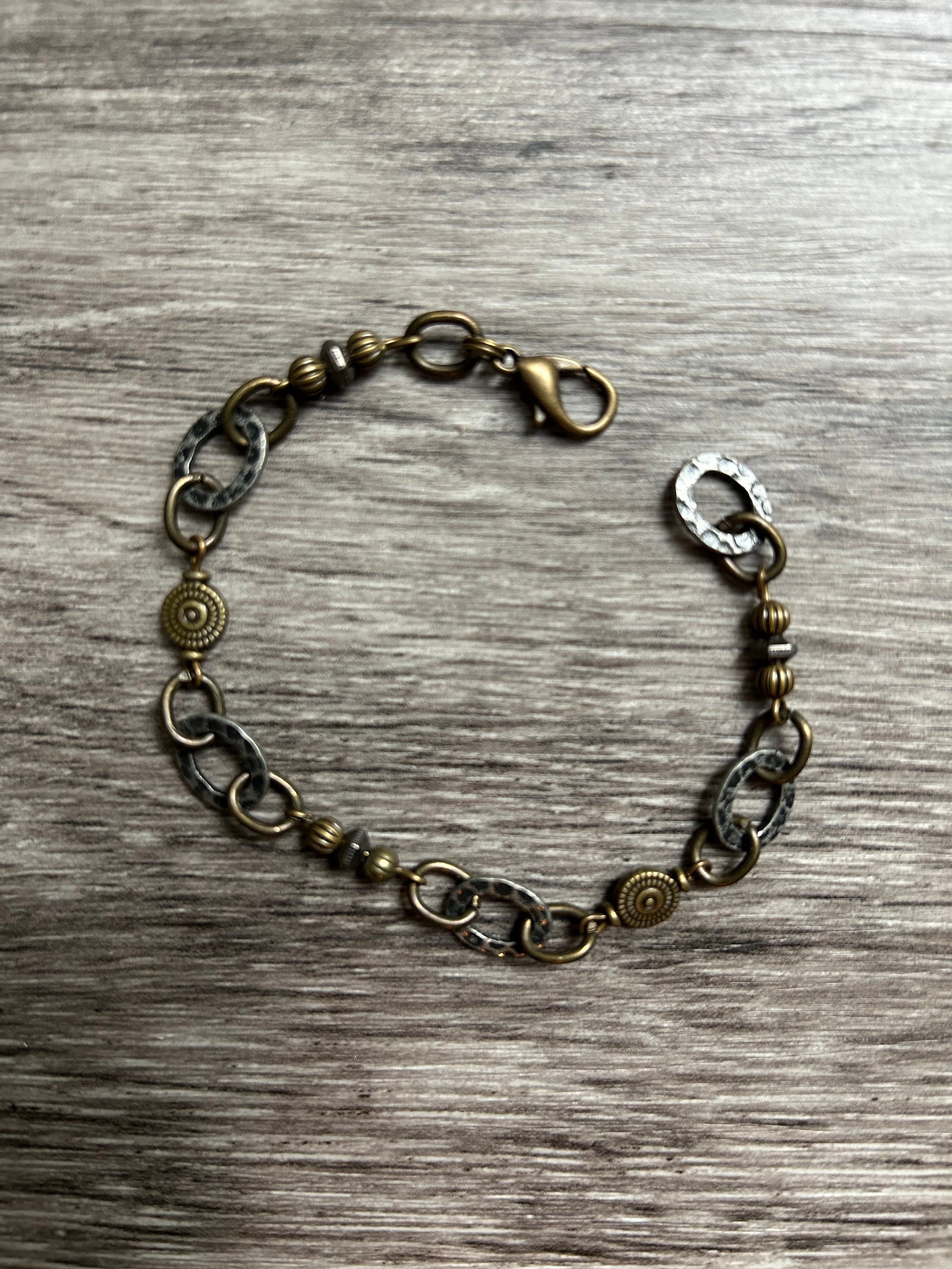 Mixed Metal Pewter Hammered Loop and Patterned Bronze Link Bracelet - Etsy