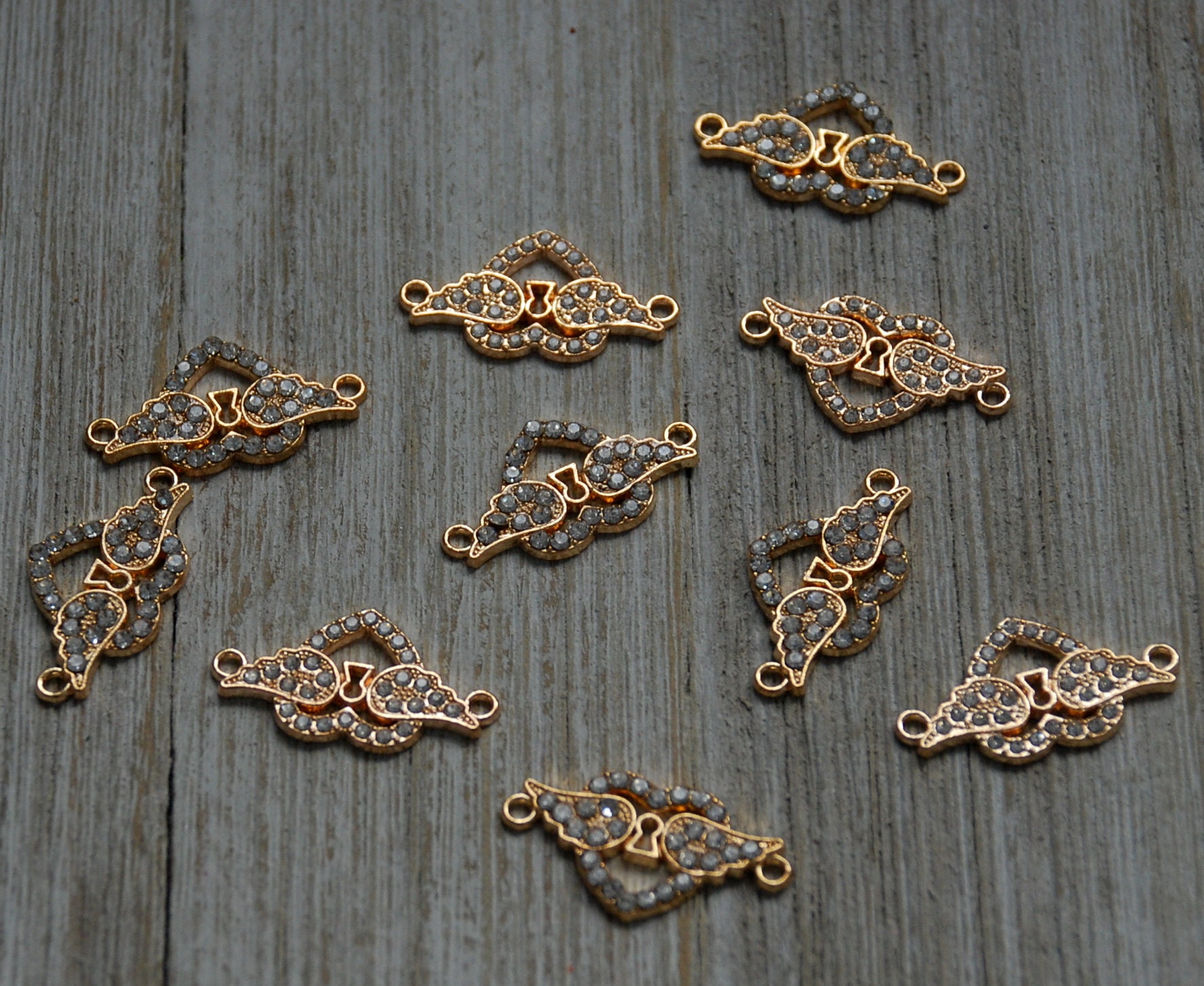 Rhinestones Wings Heart Connector, Jewelry Gold Connector, Craft ...