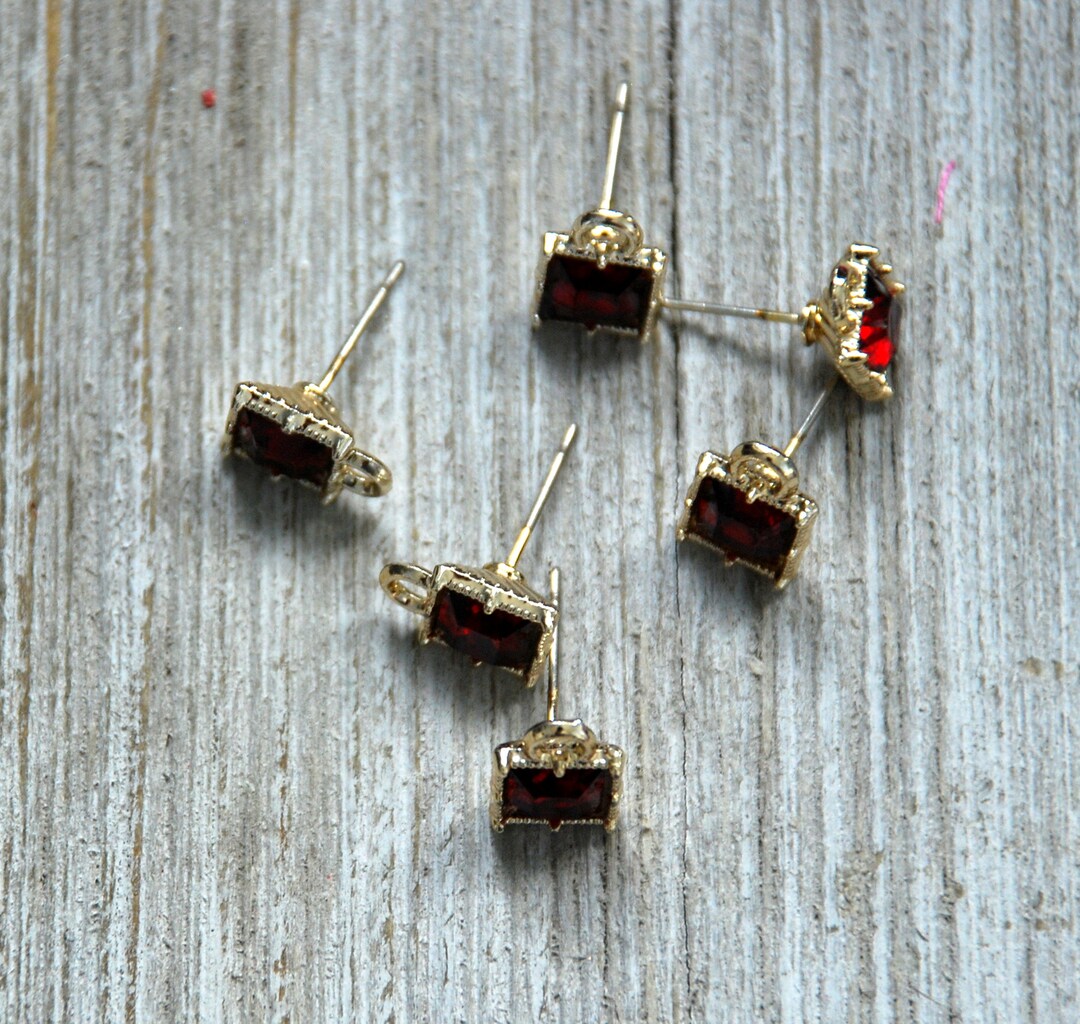 Square Ear Posts With Loop, Jewelry Making, Earrings Posts, Red Crystal ...