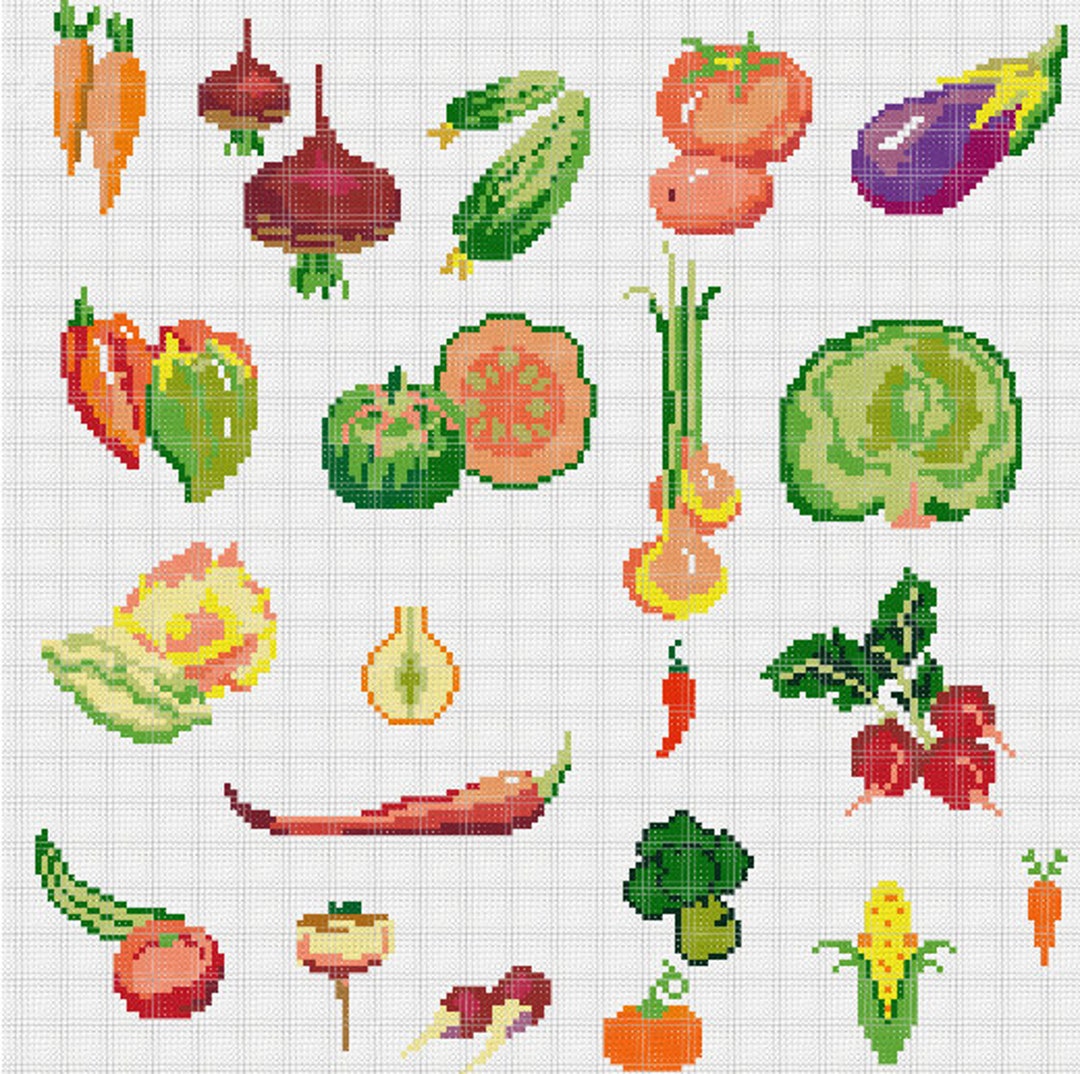 Vegetable Cross Stitch Pattern, Modern Veggie Cross Stitch Chart ...