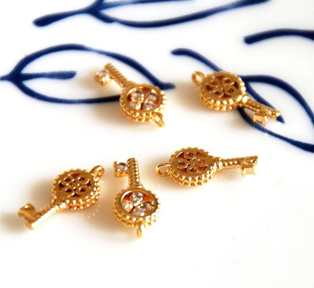 Gold Key Charm, Crystal Key Charms, Gold Key Pendant, Tiny Key Charm ...