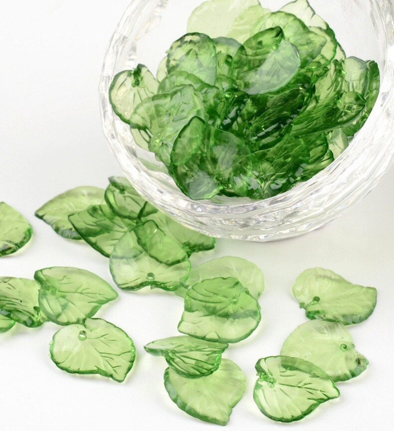 20 Green Plastic Leaves, Czech Plastic Leaves Beads, 15 Mm Plastic Leaf ...