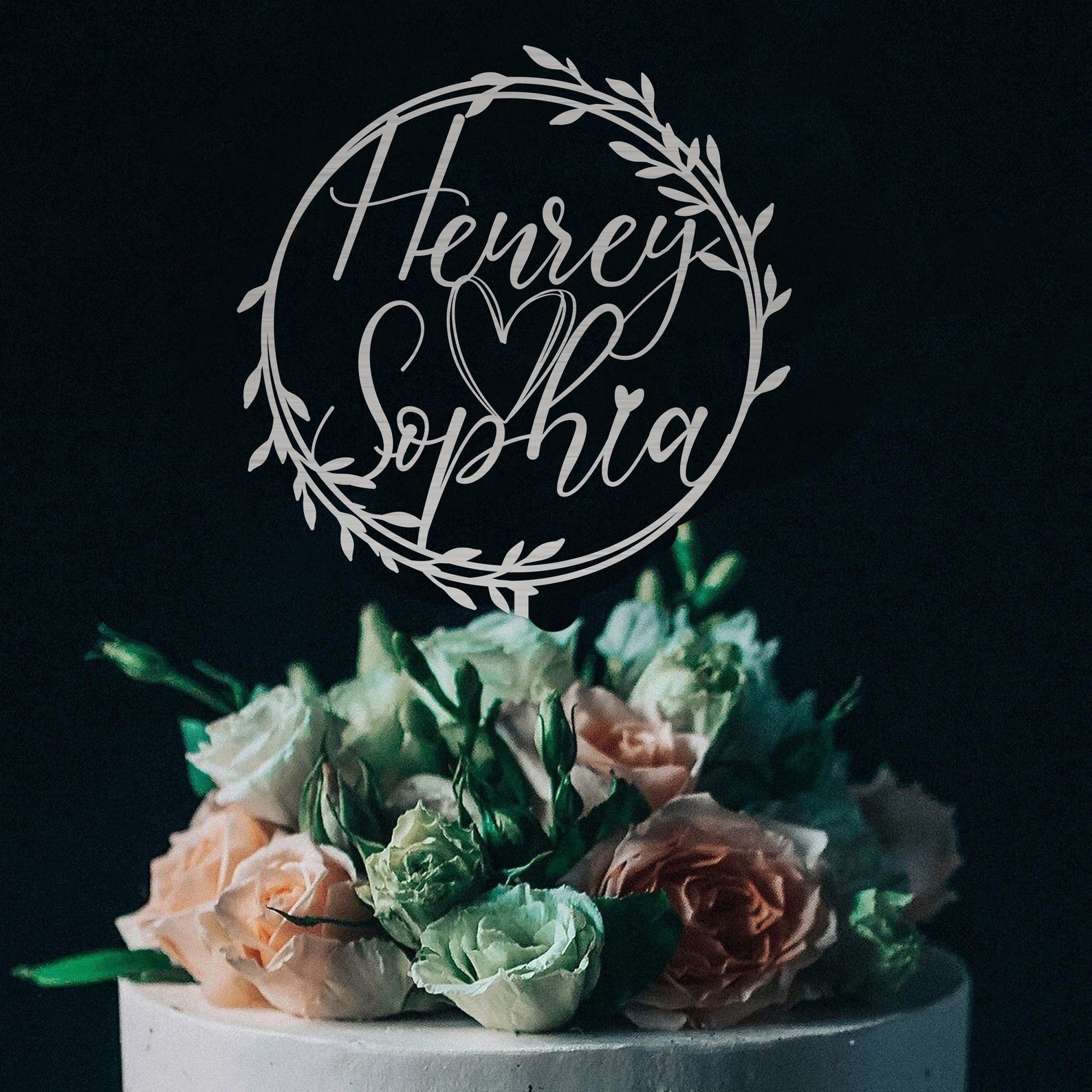 Floral Heart Wedding Cake Topper With Rustic Wreath Mr and - Etsy