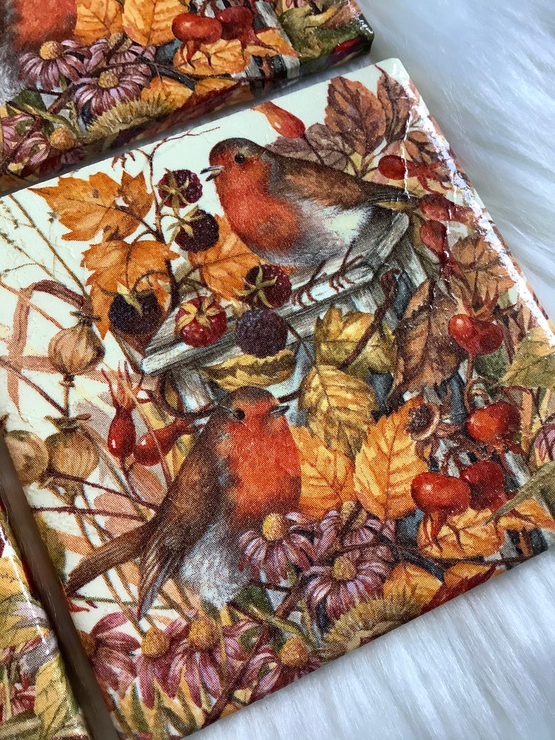 Autumn Robins Coasters Set of 4 Upcycled Coasters Napkin | Etsy