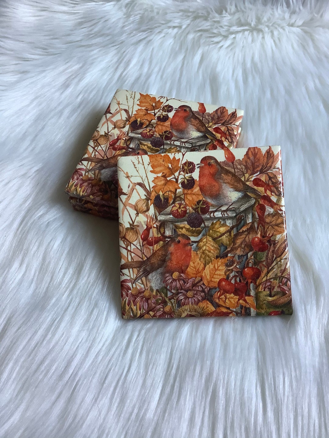 Autumn Robins Coasters, Set of 4, Upcycled Coasters, Napkin Coasters ...