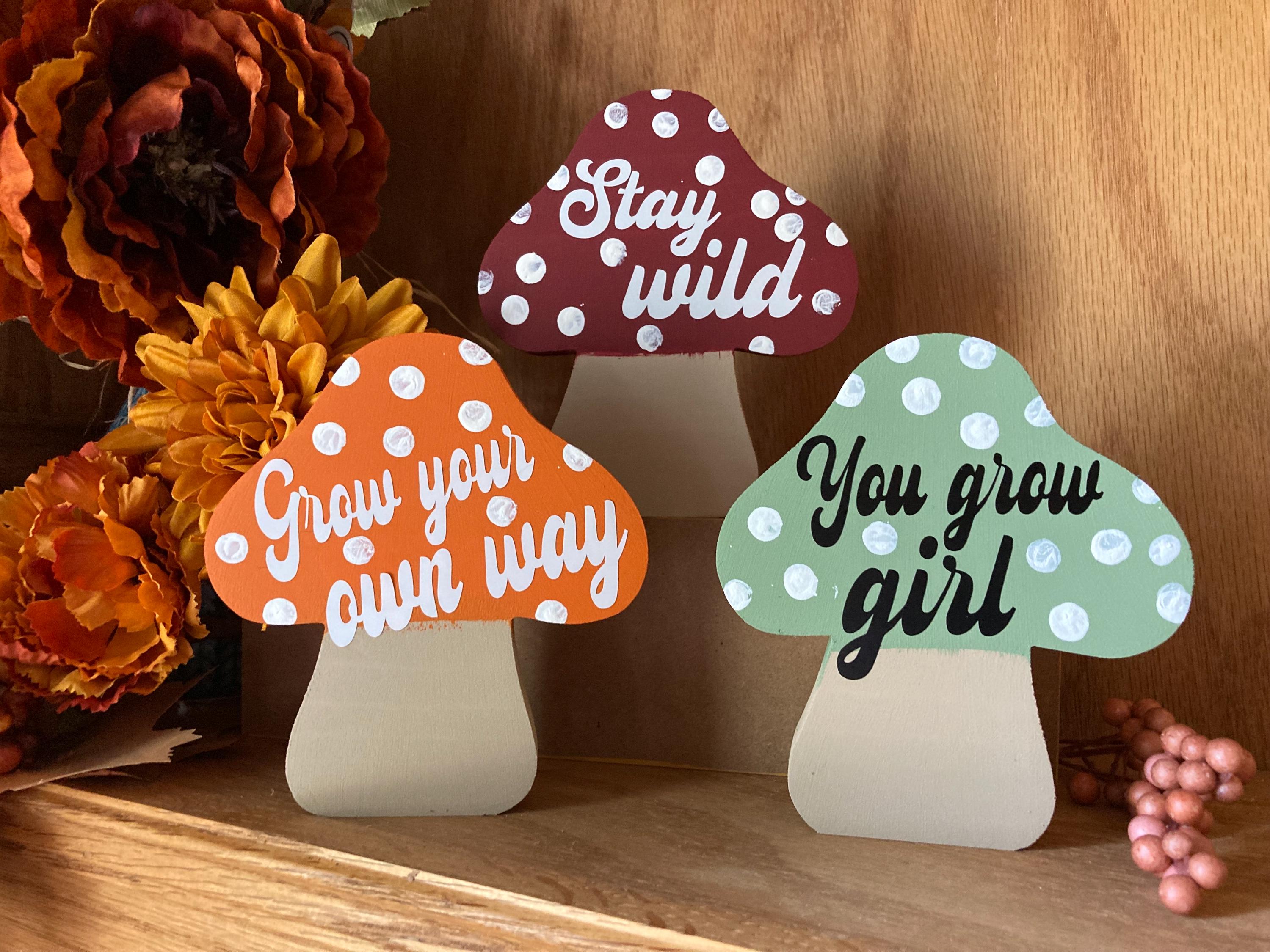 Whimsical Grow & Glow Wooden Mushroom Signs, Encouraging Kindness ...