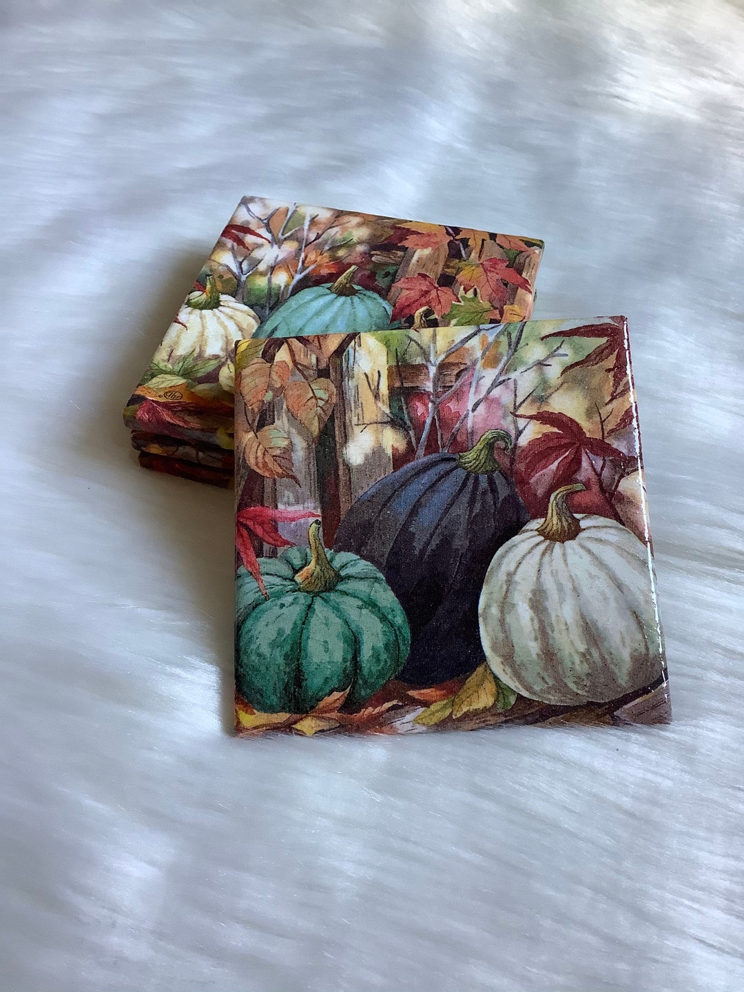 Fall Pumpkin Harvest Coasters, Set of 4, Upcycled Coasters, Napkin ...