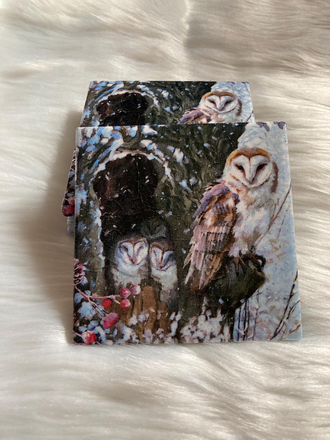 Winters Watch Barn Owls Coasters, Set of 4, Repurposed Coasters, Napkin ...