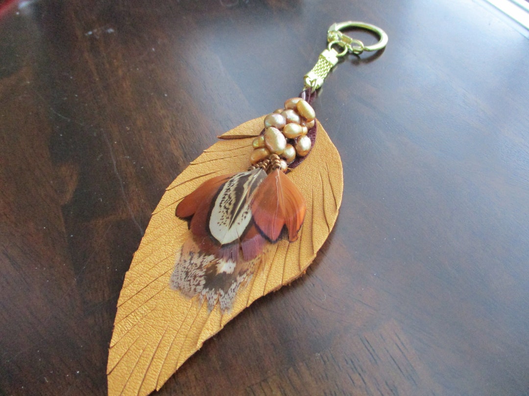 Pearls and Feathers Key Chain With Fringed Leather - Etsy