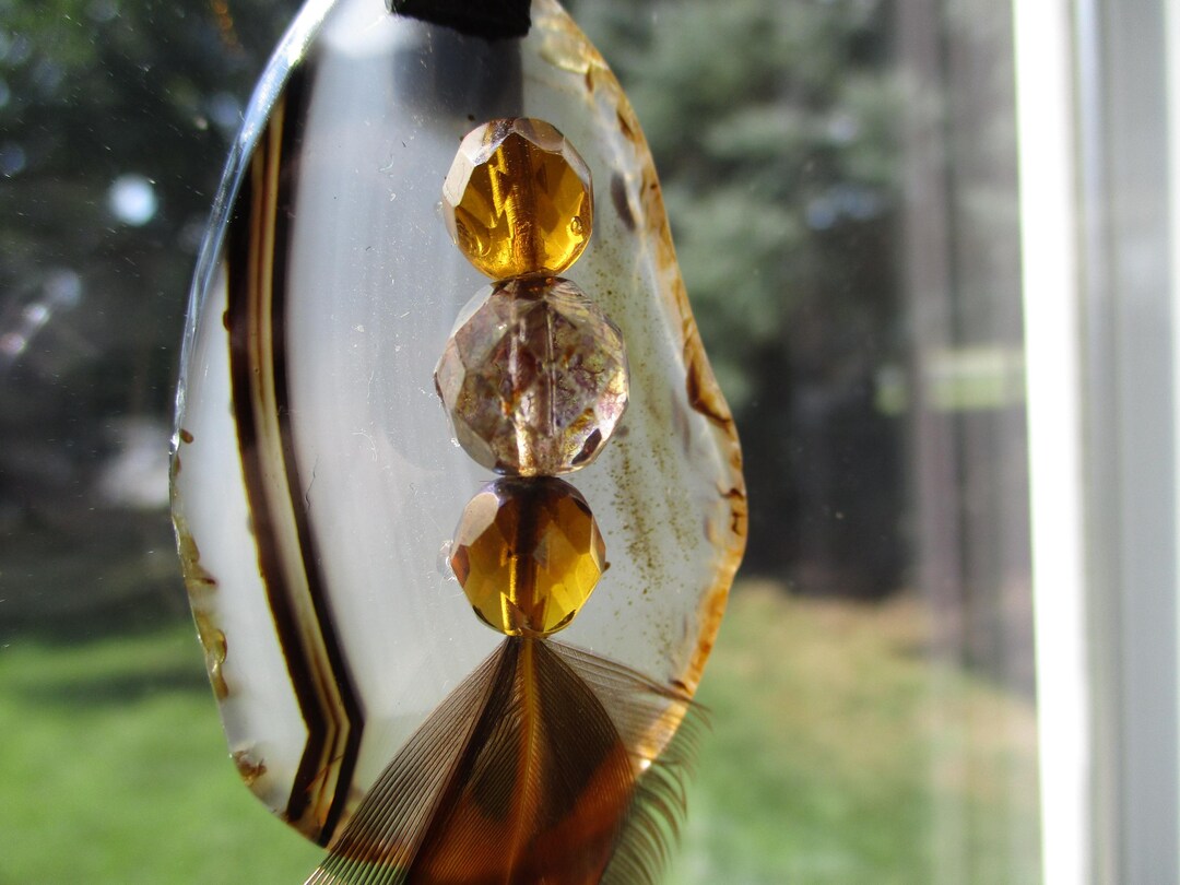 Dendritic Agate Suncatcher Ornament With Feathers - Etsy
