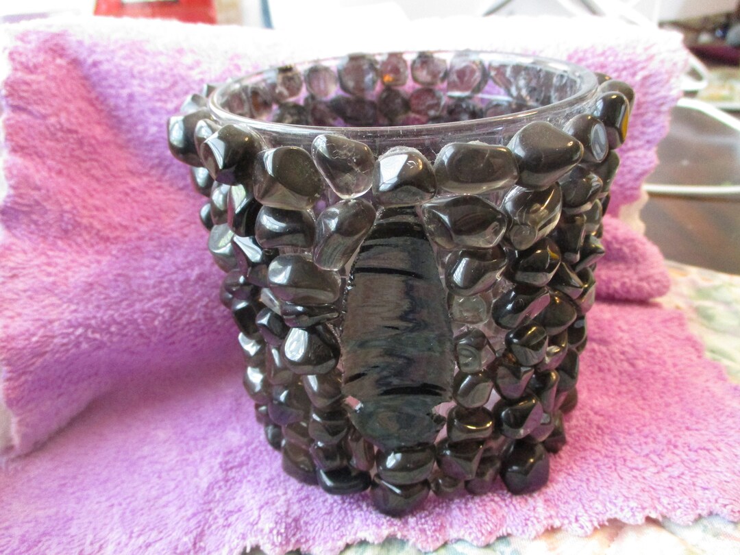 Translucent Obsidian Candleholder, Black Gem Quality Apache Tears and ...