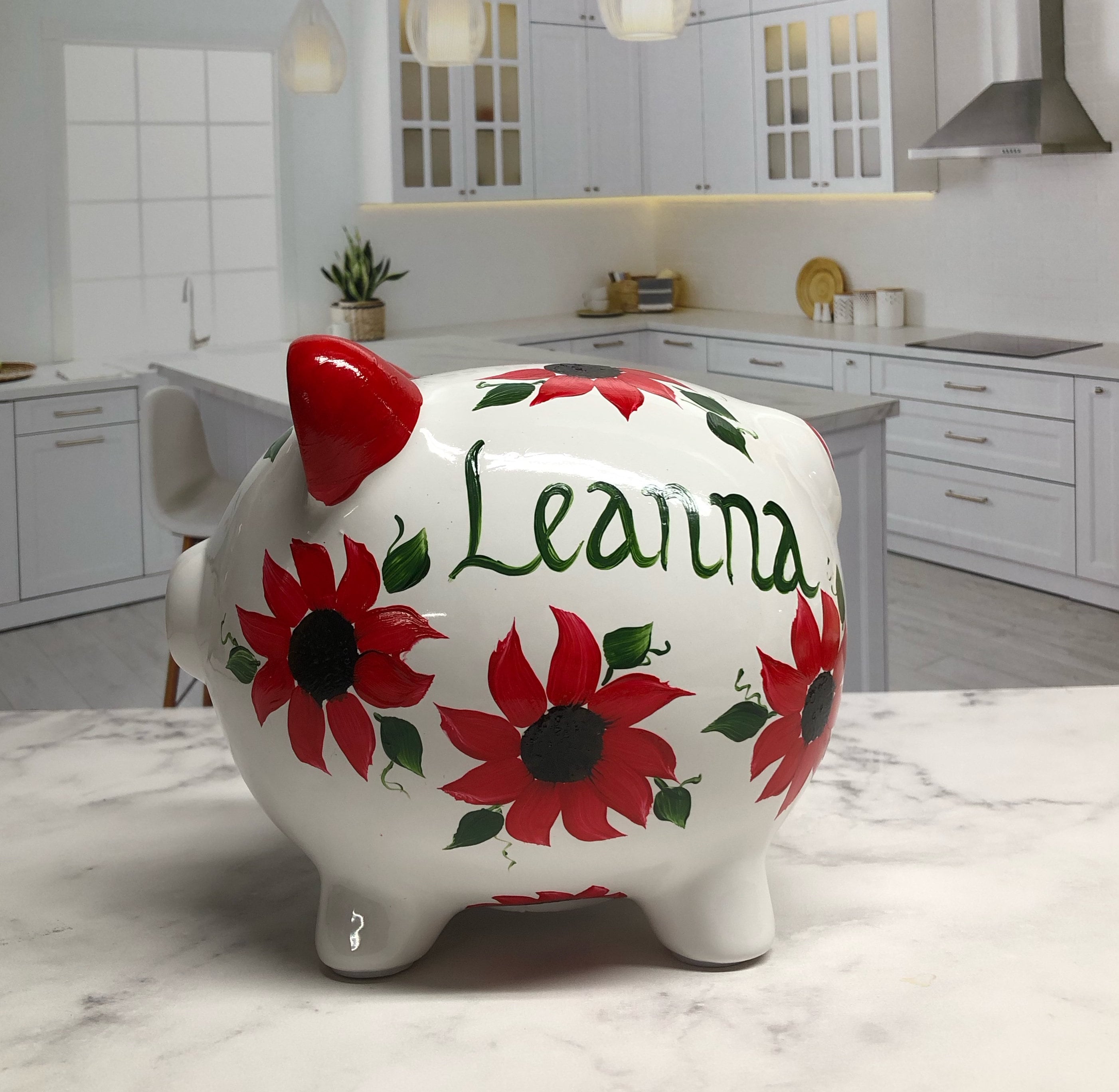 Red Floral Piggy Bank, Custom Bank, Personalized Bank, New Baby Gift ...