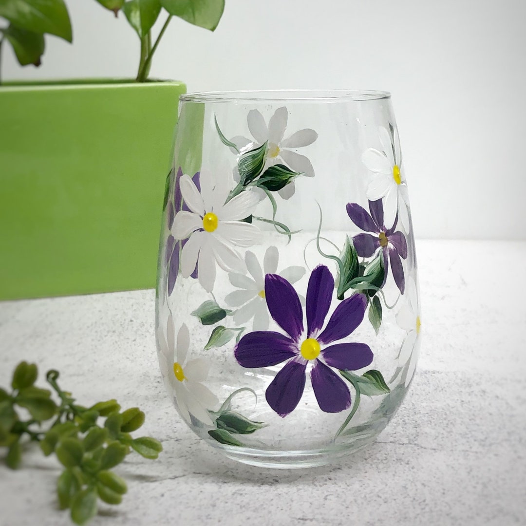 Painted Wine Glasses, Pretty Wine Glass, Daisy Wine Glasses, Hand ...