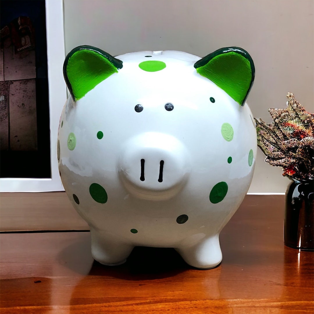 Personalized Green Dots Piggy Bank, Custom Piggy Bank, New Baby Gift ...