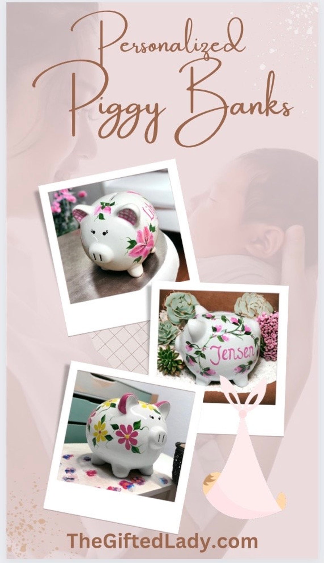 Red Floral Piggy Bank, Custom Bank, Personalized Bank, New Baby Gift ...