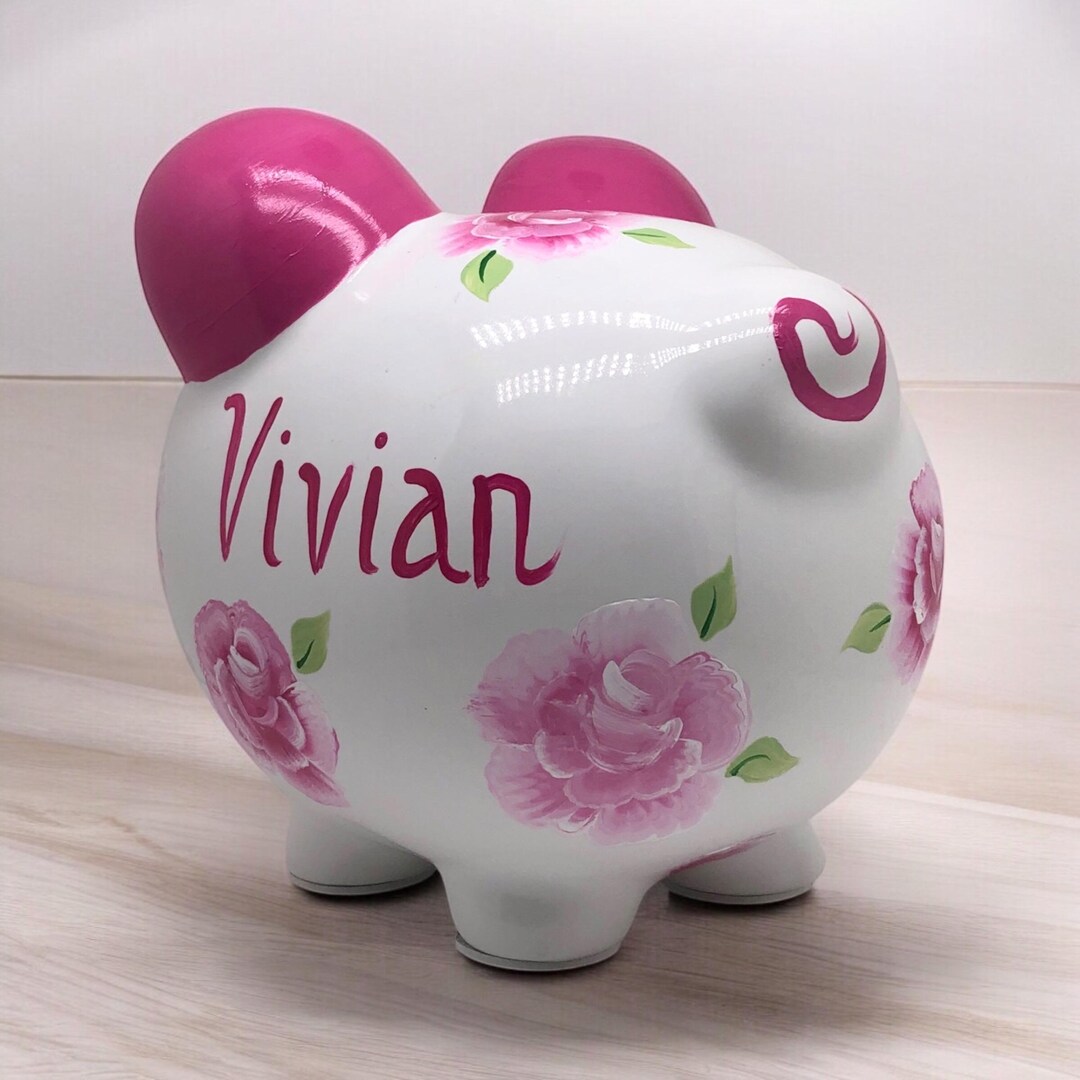 Personalized Pink Rose Piggy Bank, Custom Piggy Bank, New Baby Gift ...