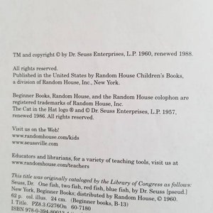 1988 Dr Seuss, One Fish Two Fish Red Fish Blue Fish Book, Hardcover - Etsy