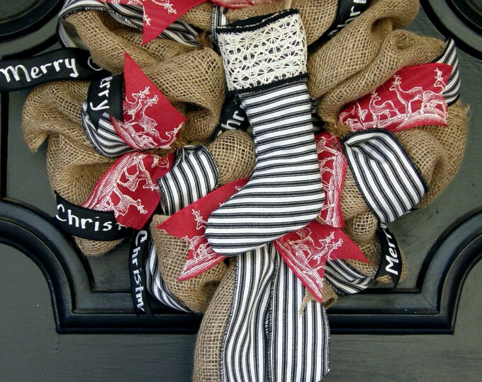 Burlap Christmas Wreath Stocking Wreath Black Ticking Wreath - Etsy
