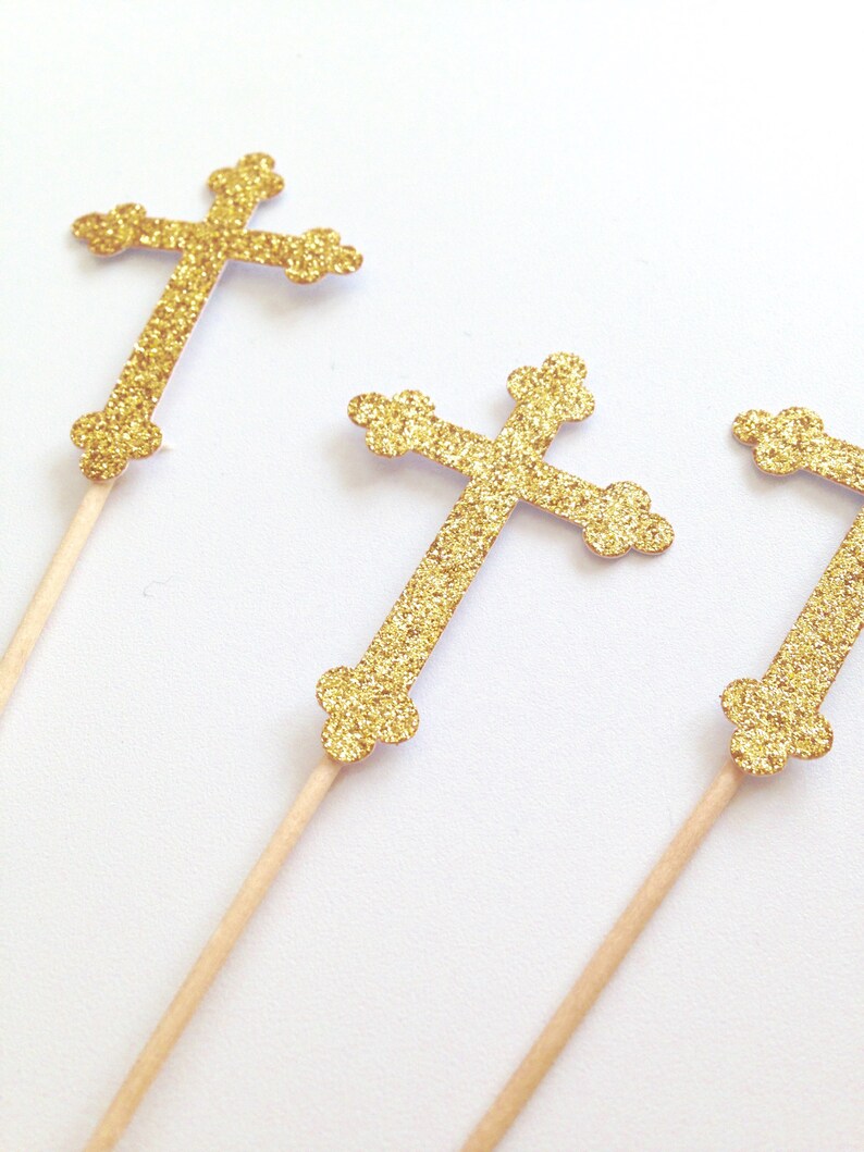 12 Gold Glitter Cross Cupcake Toppers Baptism Decorations - Etsy