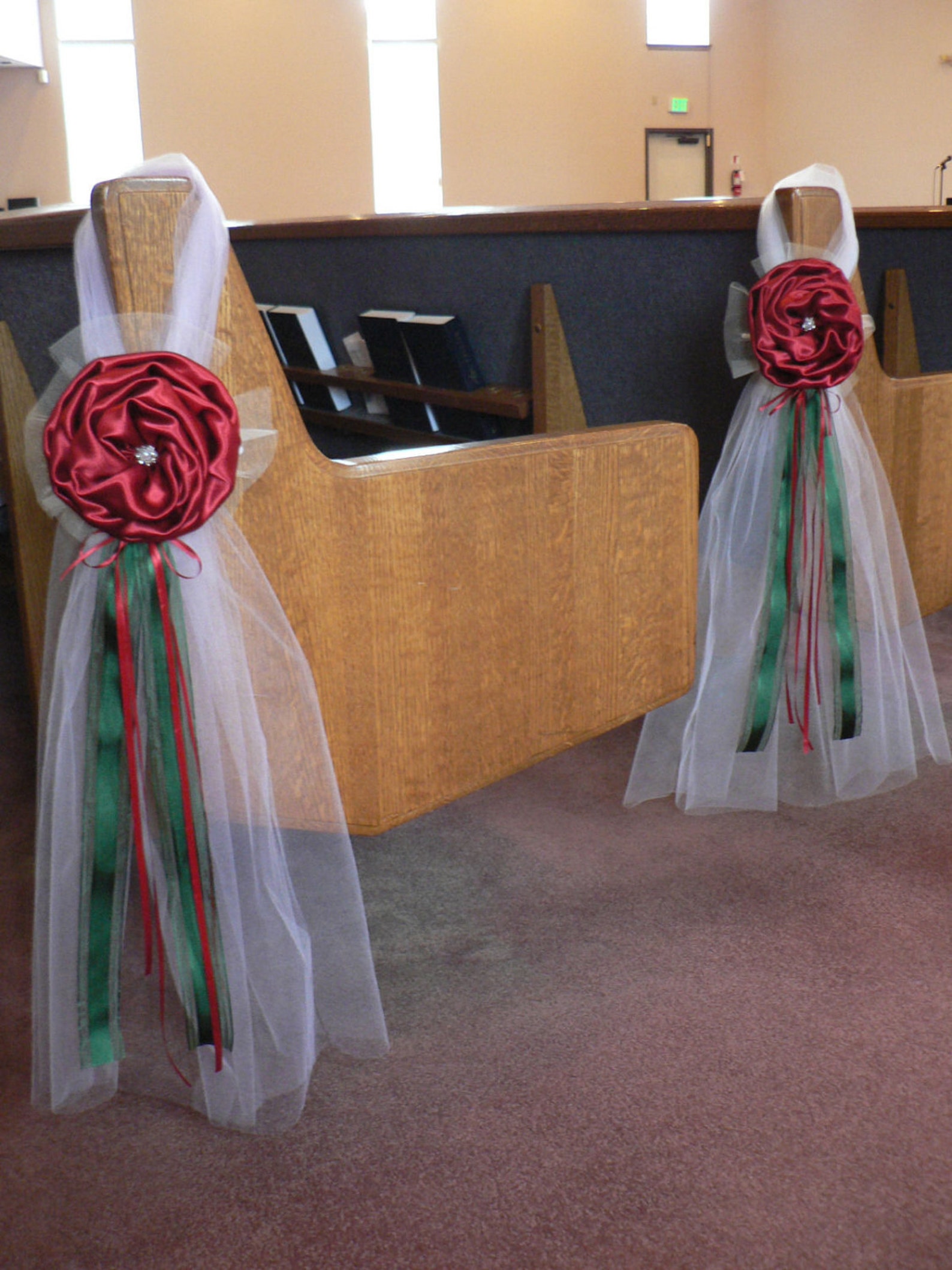Royal Red Pew Bows, Chair Bows, Green Wedding Church Aisle Decorations ...