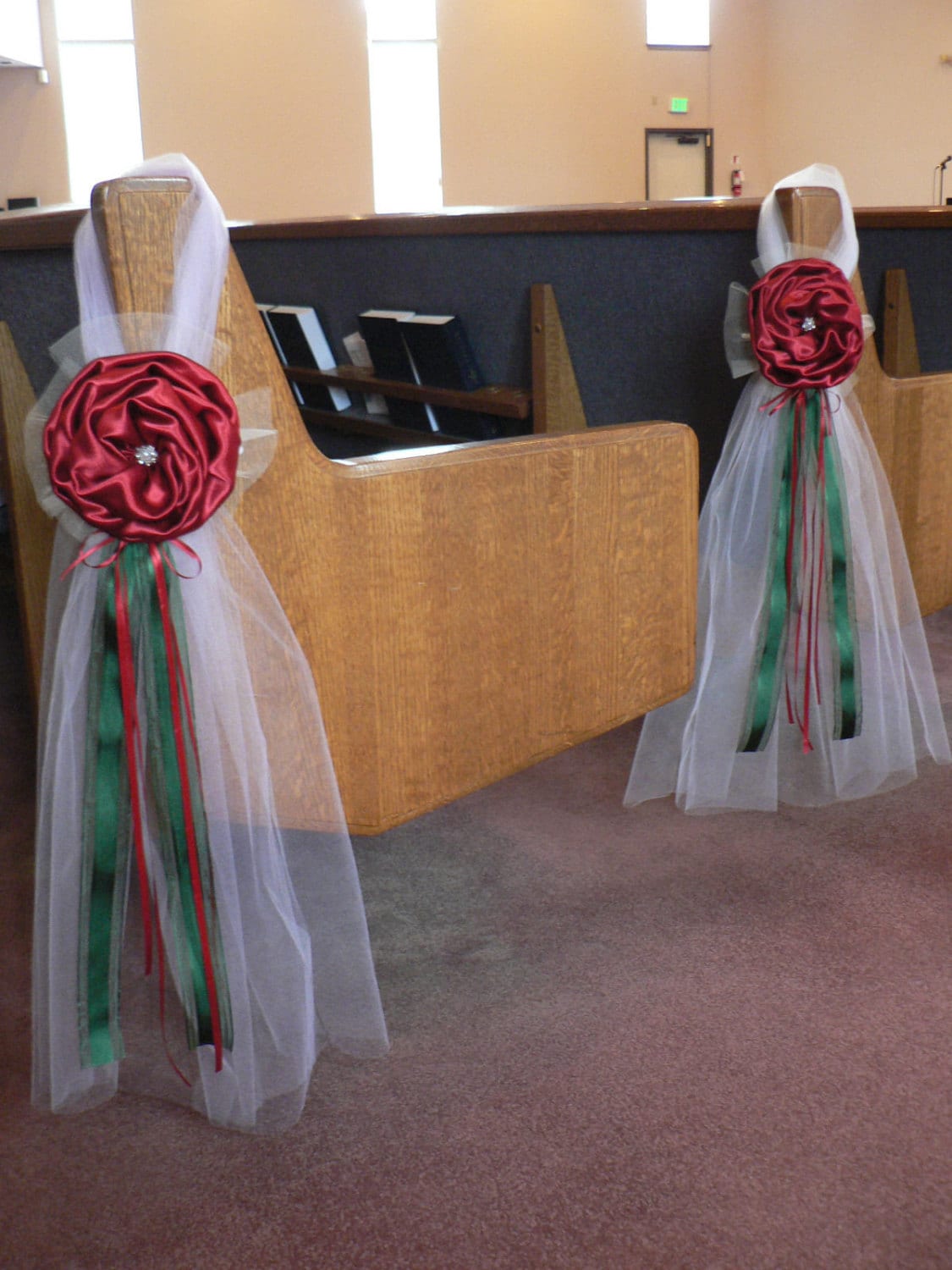 Royal Red Pew Bows, Chair Bows, Green Wedding Church Aisle Decorations ...
