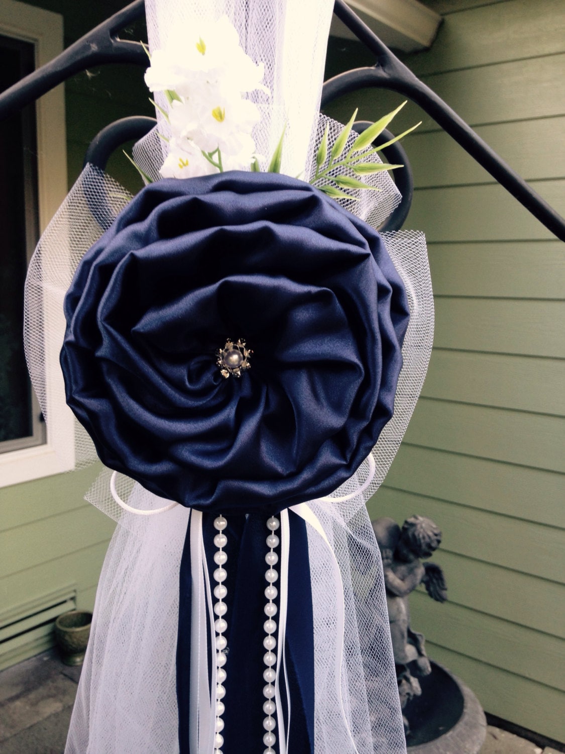 Navy Blue Pew Bows, Chair Bows, White Wedding Church Aisle Decorations ...