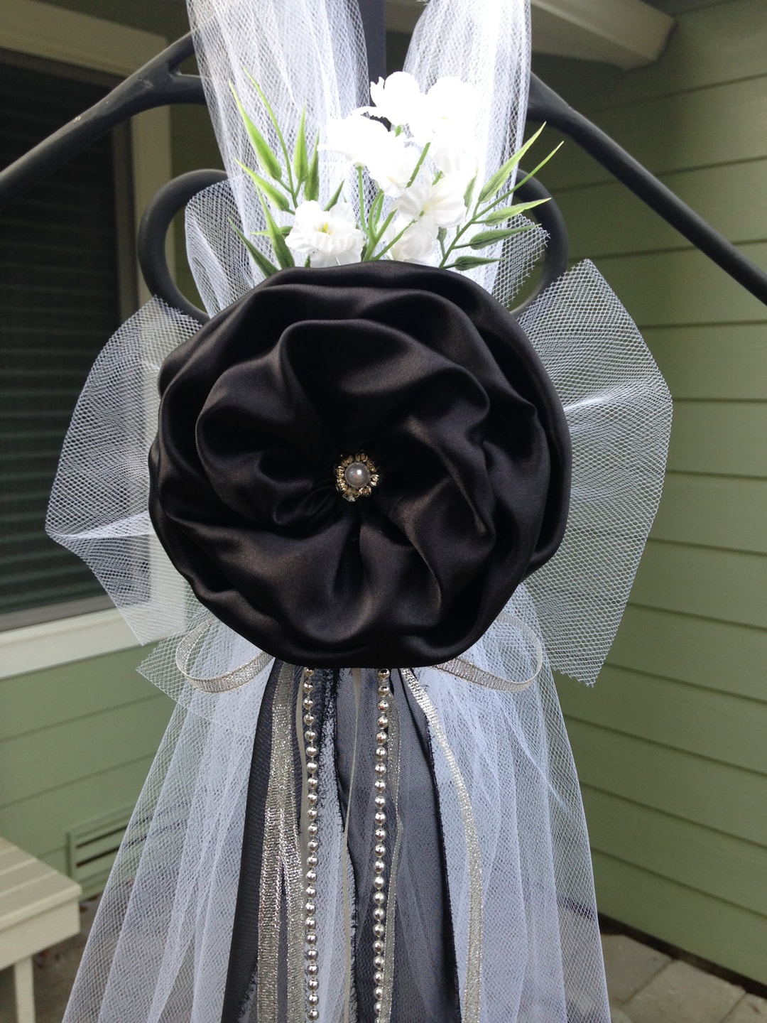 Set of 6 Black and While Pew Bows, Satin, Black Pew Bows, Black Wedding ...