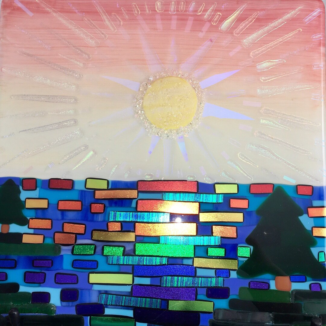 Glass Art, Handmade Art, Super Sunset Over the Pacific Ocean, 12 Inch X ...
