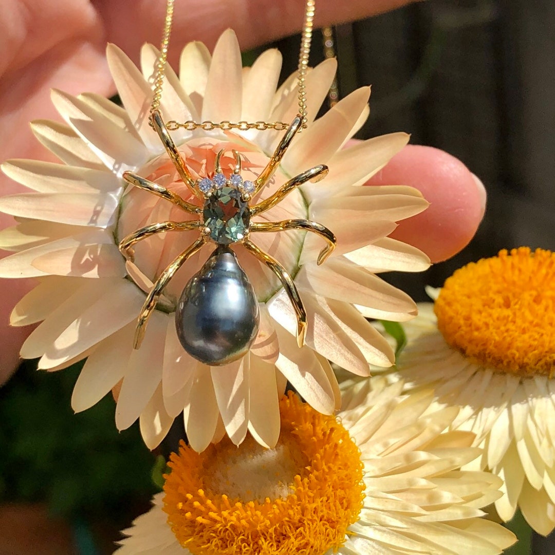 Spider Arachnid Insect Tahitian Pearl Australian Parti Sapphire 14k ...