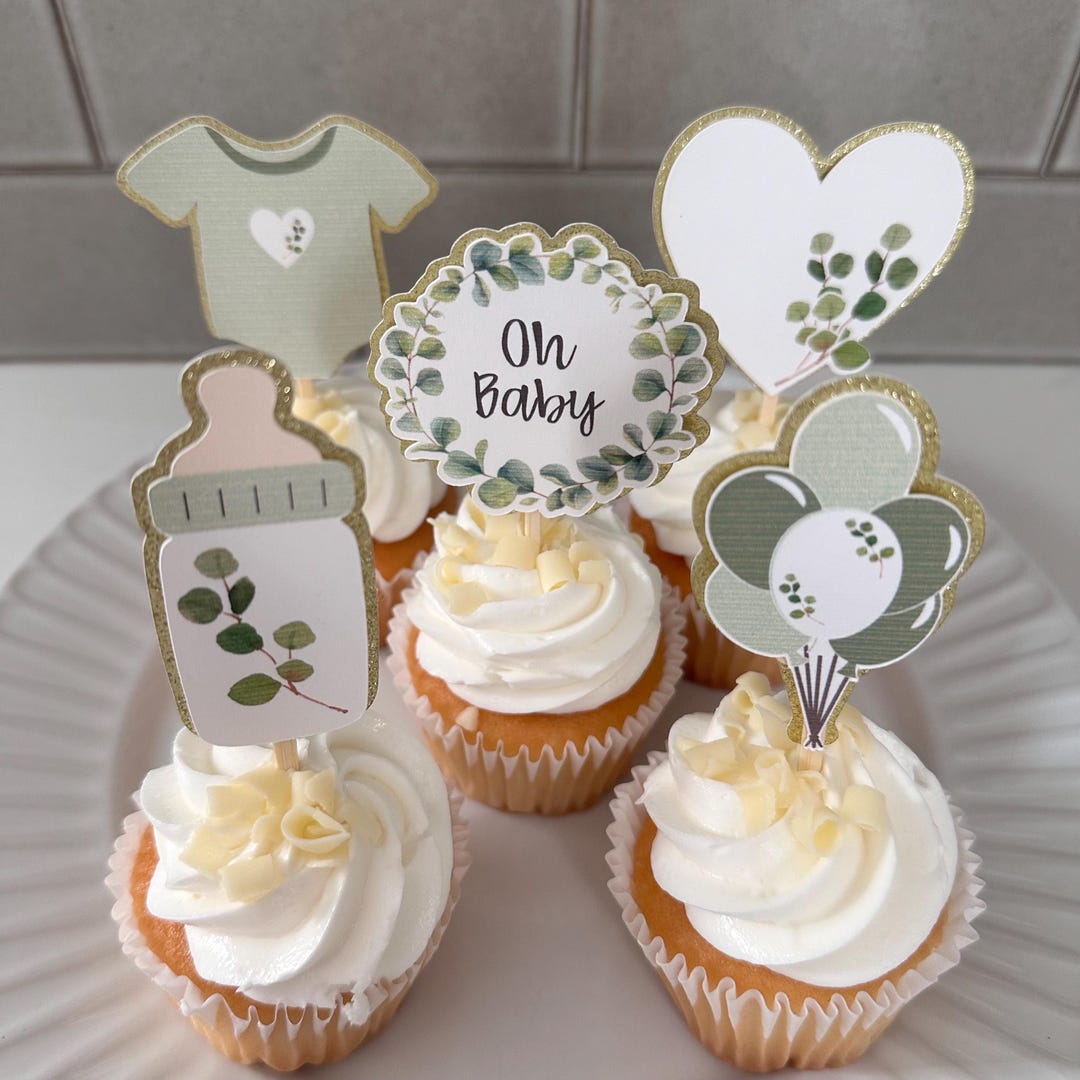 Greenery Cupcake Toppers - Choose Your Quantity - Sage Green, White ...