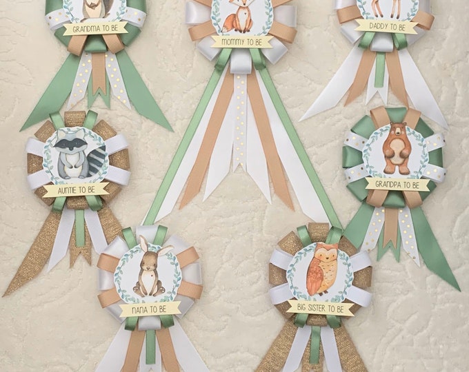 Family Ribbon Corsages for Baby Shower Gender Neutral Woodland Animals ...