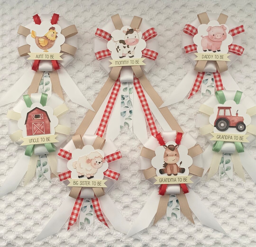 Family Ribbon Corsages for Baby Shower - Farm Animals - Gender Neutral ...