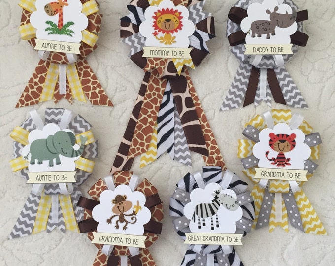 Family Ribbon Corsages for Baby Shower - Jungle Animals - Gender ...