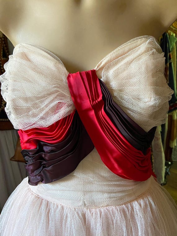 Strapless Sweetheart Tulle w Satin 1950s Vintage Prom… - Gem