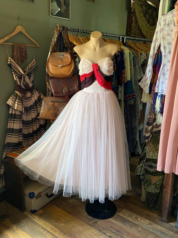 Strapless Sweetheart Tulle w Satin 1950s Vintage Prom… - Gem