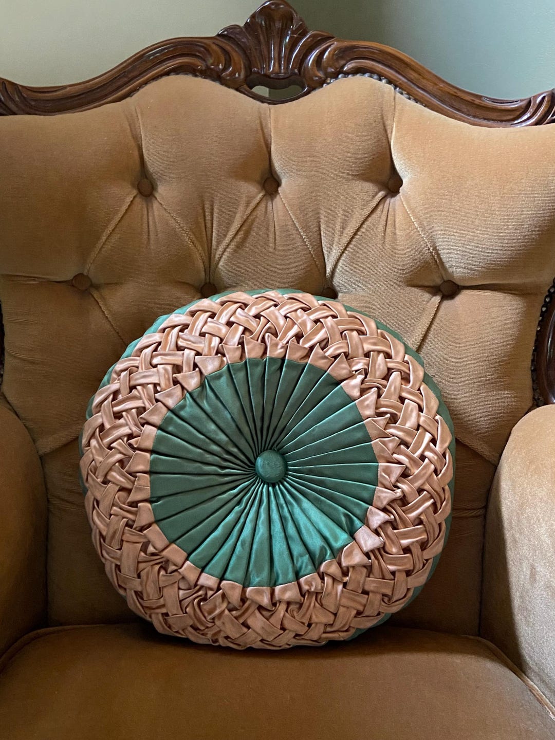 1950s Vintage Green & Gold Satin Round Cushion - Etsy