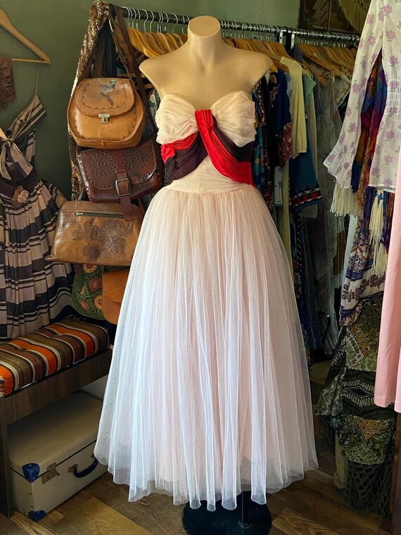 Strapless Sweetheart Tulle w Satin 1950s Vintage Prom… - Gem