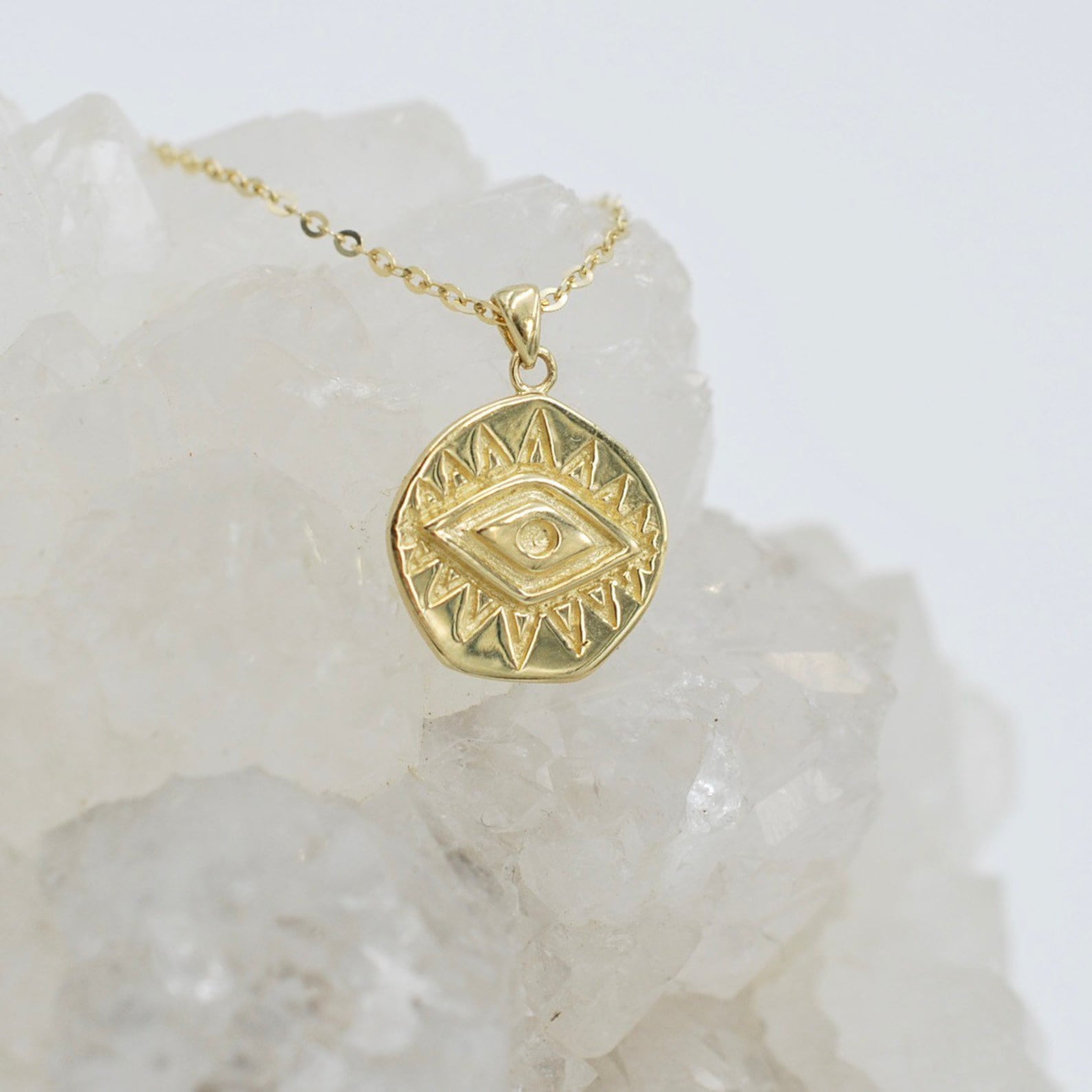 14K Solid Gold Carved Evil Eye Disc Necklace, Protection Necklace,gold ...